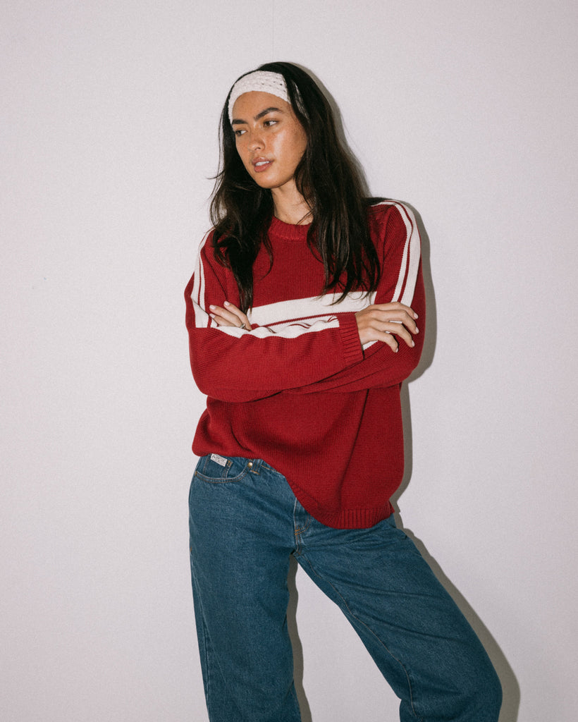 Rusty | White Lines Crew Neck Knit - Size: XS, Brown, 55% Acrylic / 45% Cotton Yarn